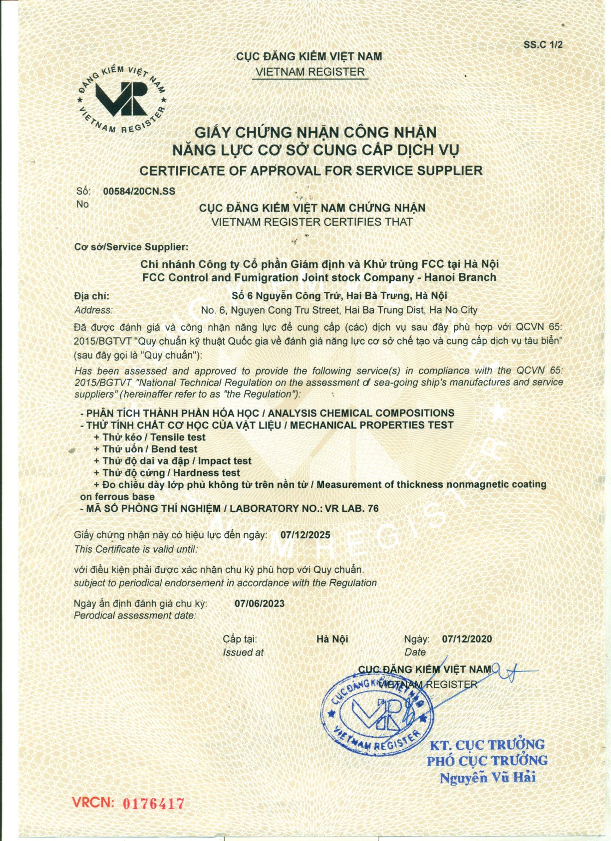 Giấy chứng nhận năng lực thử nghiệm của Cục đăng kiểm - FCC Company